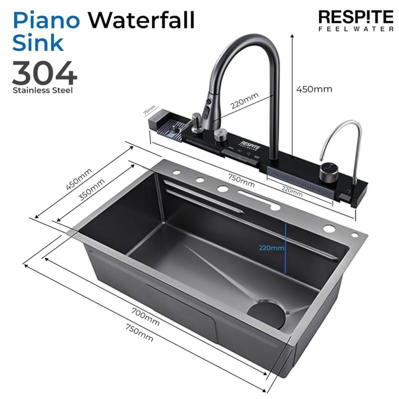 RESPITE Piano Kitchen Sink with Integrated Waterfall and Pull-down ...